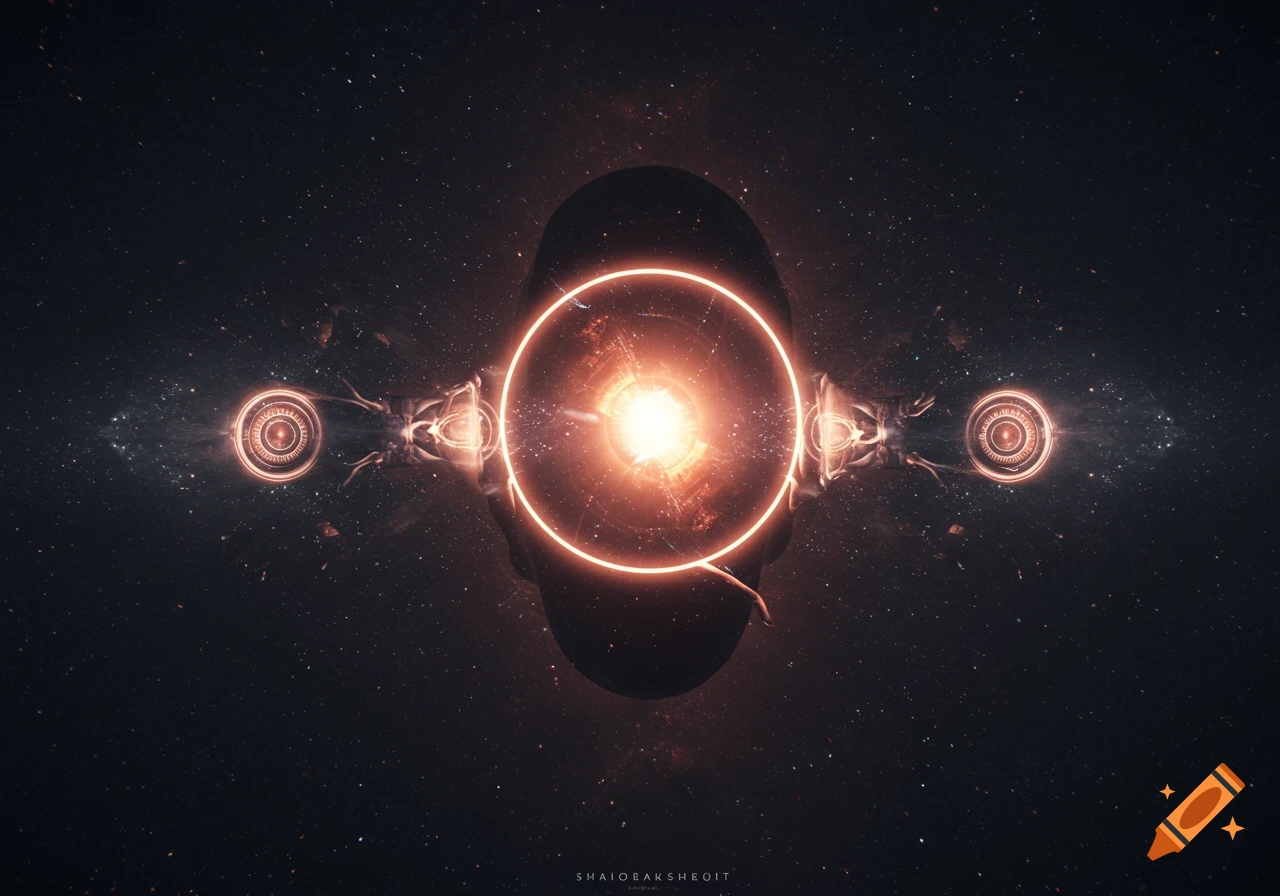 A vibrant glowing orange orb with rings at its center, surrounded by ...