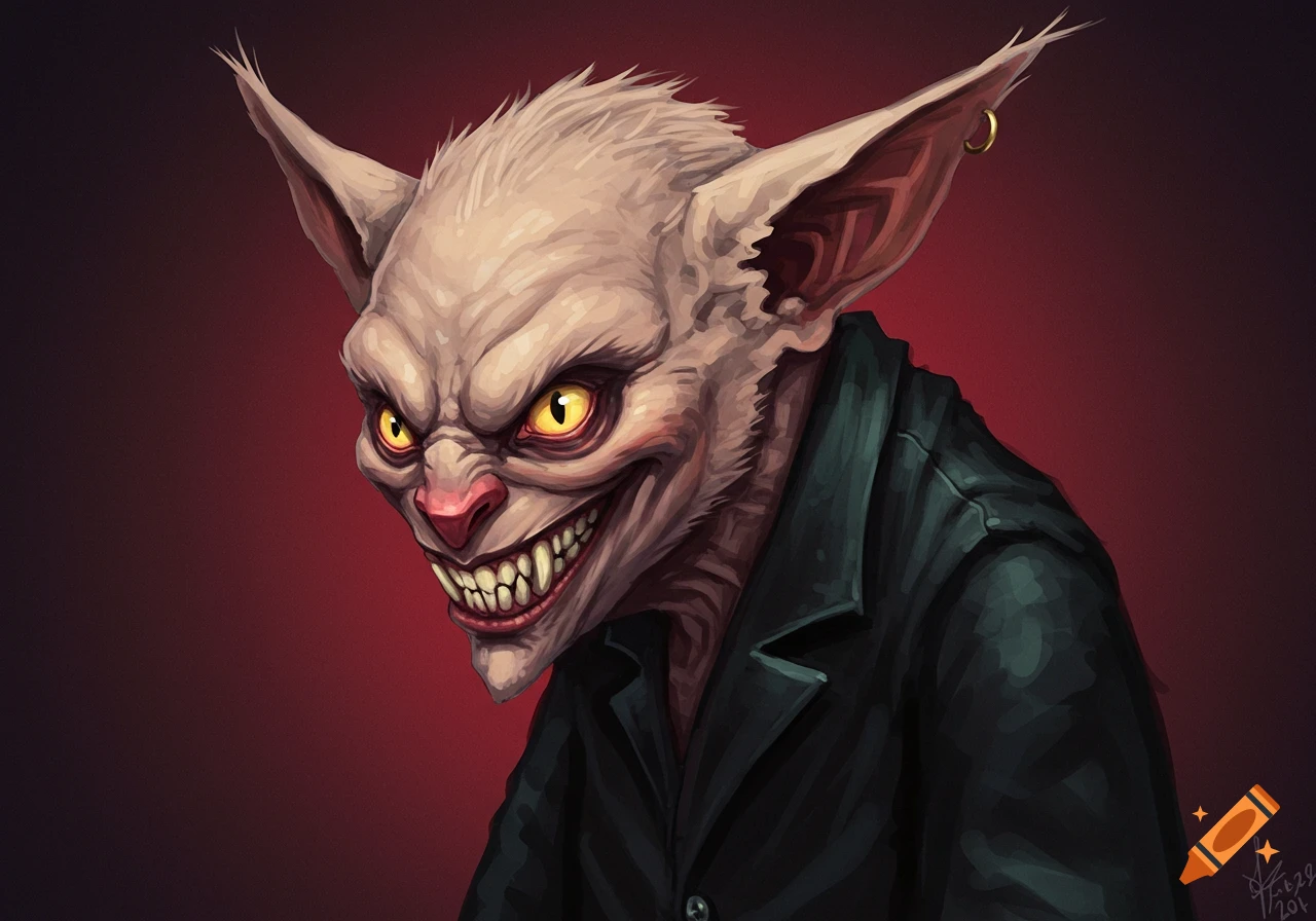 A devious, grinning creature with large pointed ears, yellow eyes, and ...