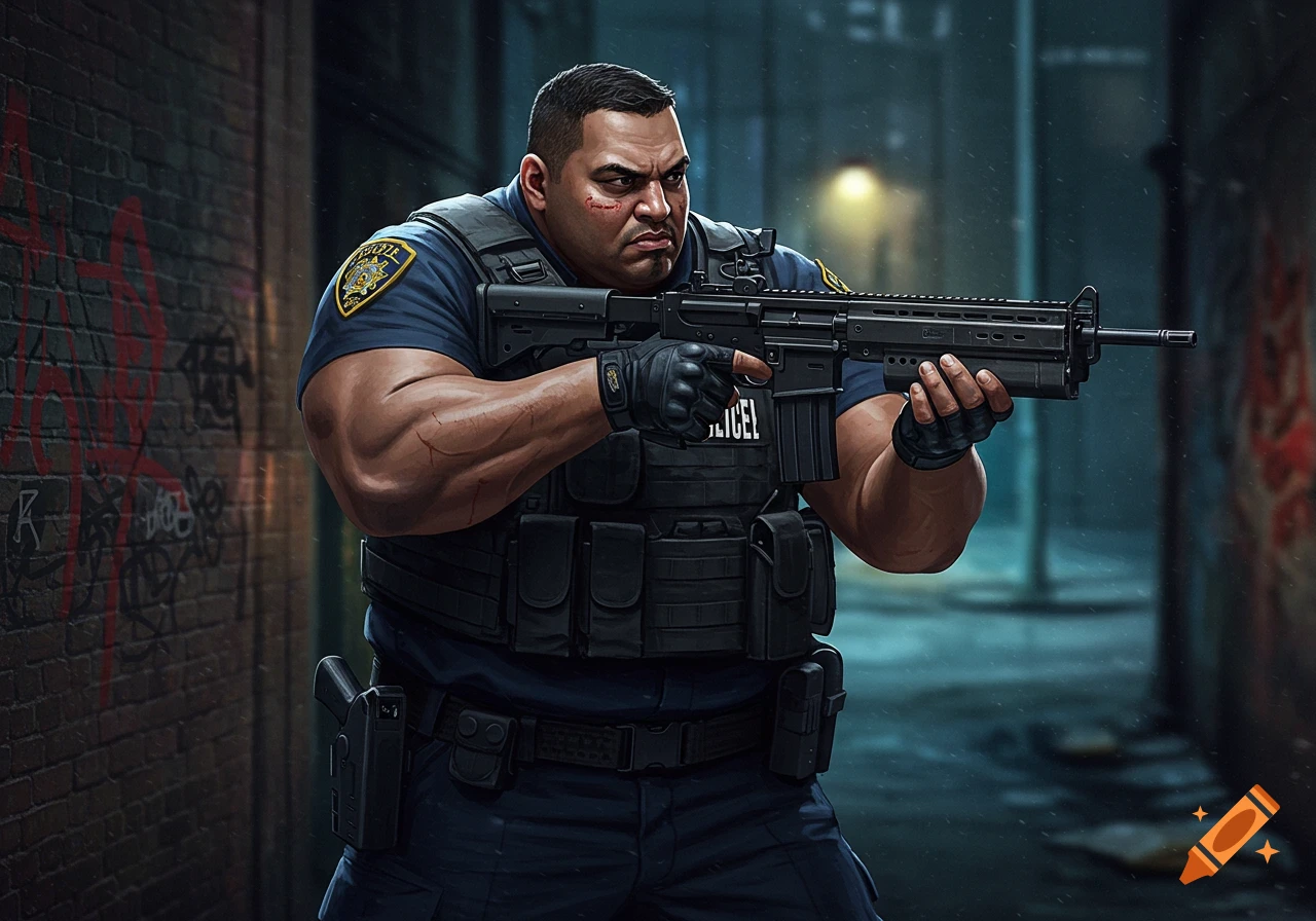 A muscular police officer in tactical gear holds a rifle in a dark ...