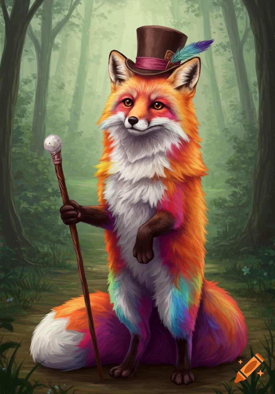 A vibrant rainbow-colored fox stands upright in a forest, wearing a ...