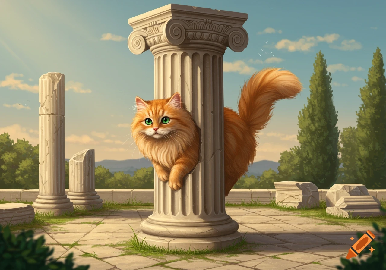 A fluffy orange cat with green eyes peeks out from a large fluted Greek ...