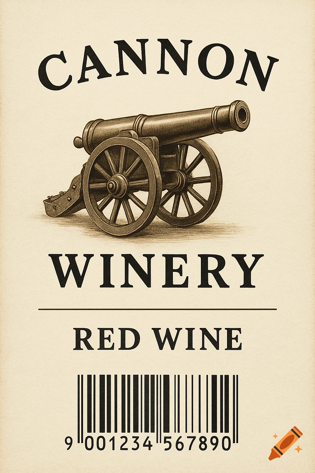 Vintage-style wine label with a detailed illustration of a cannon, text ...