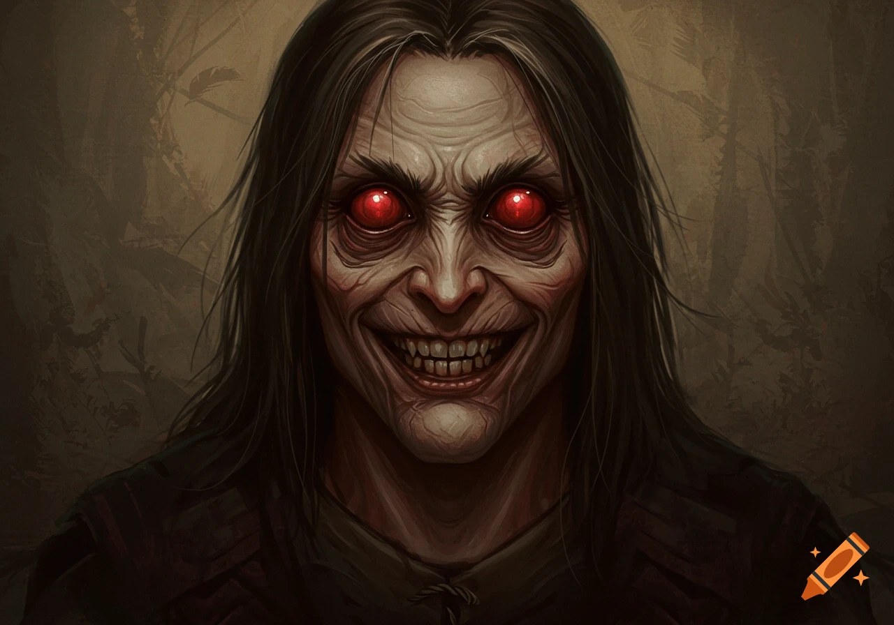A close-up digital painting of a creepy, gaunt face with red glowing ...