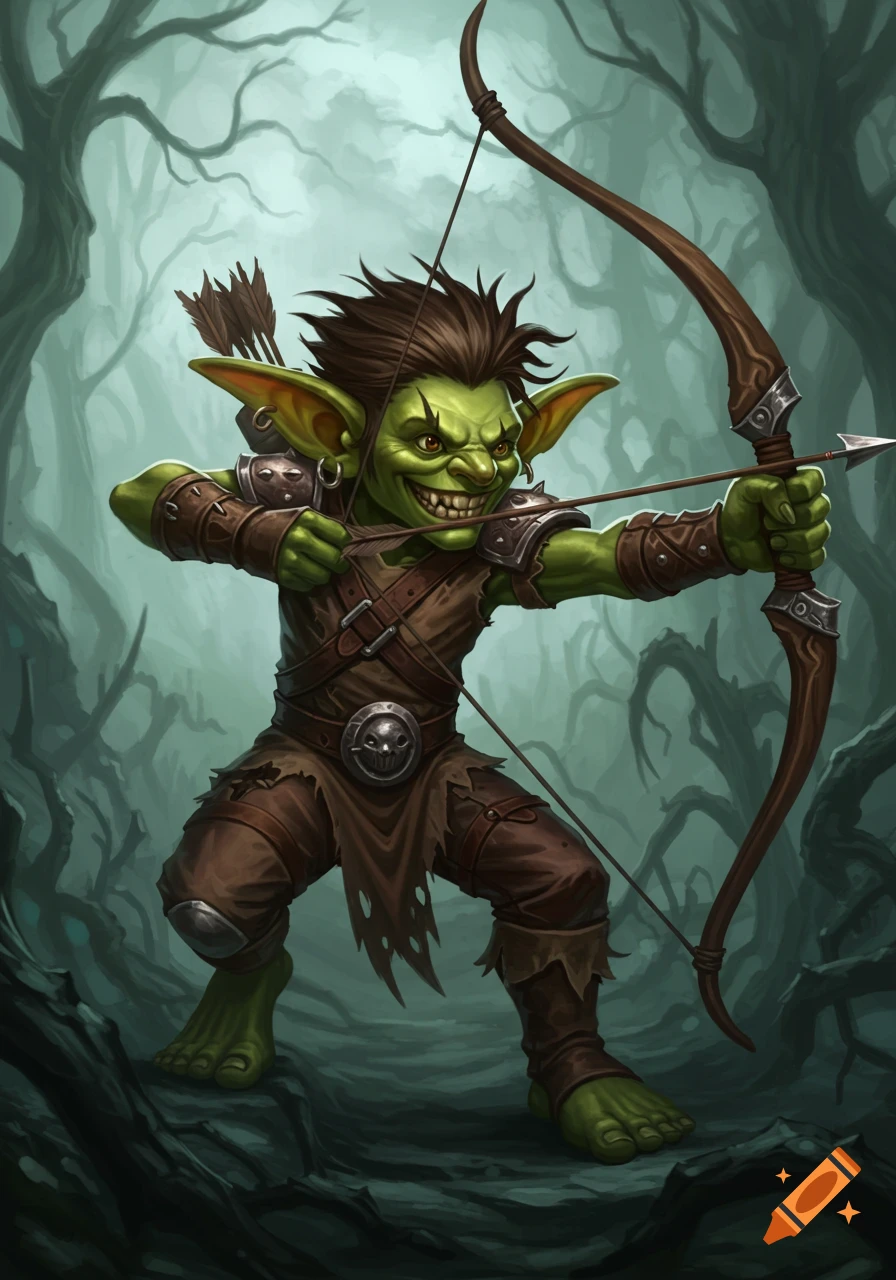 A grinning green goblin archer aims a bow and arrow in a dark, misty ...