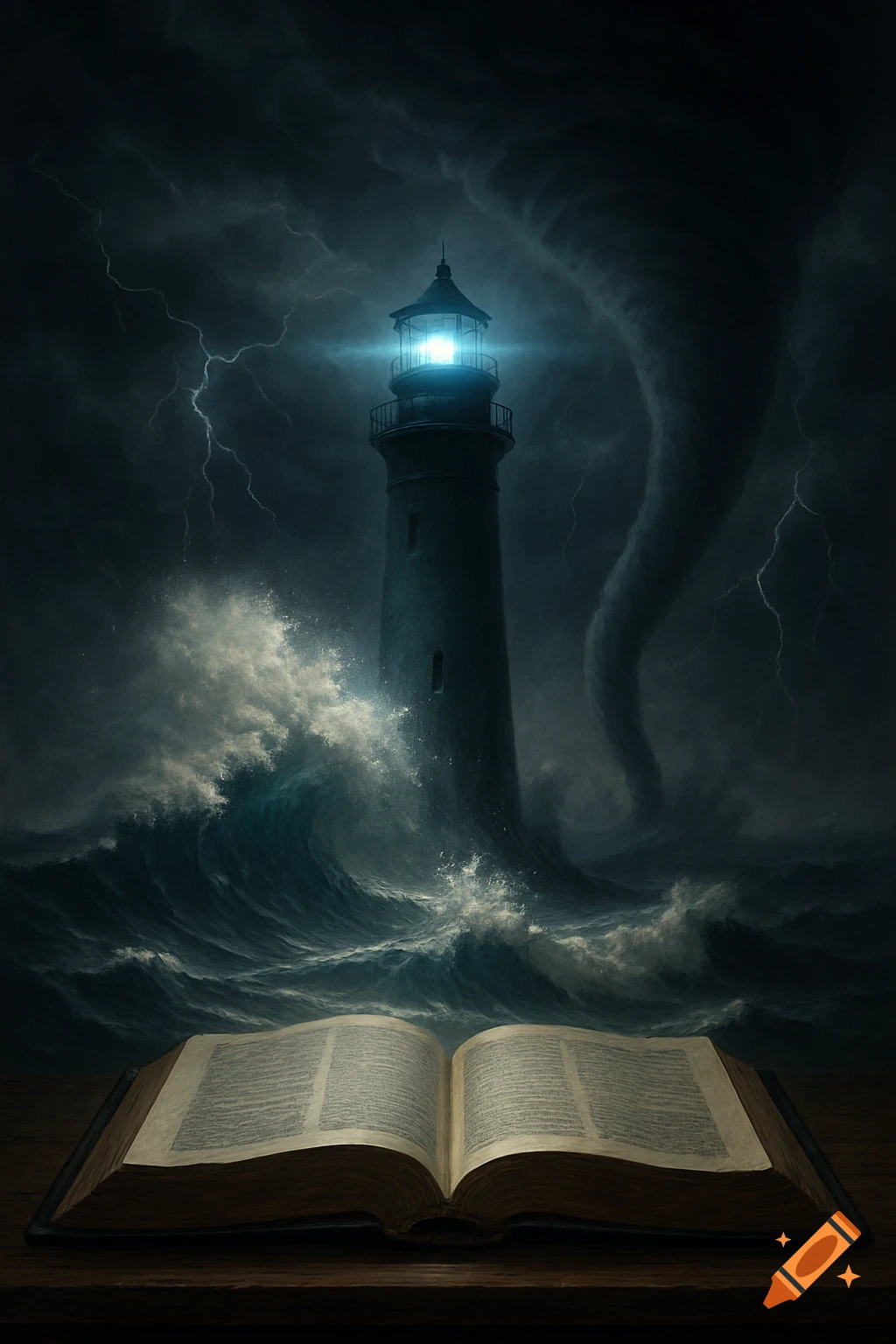 Digital painting of an open Bible in the foreground, with a dramatic ...