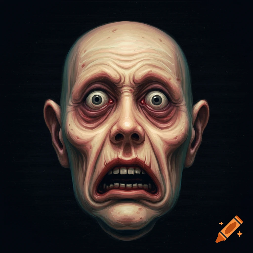 Stylized grotesque bald face with wide, staring eyes and open mouth, on ...