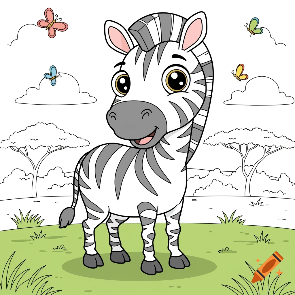 A cute cartoon zebra smiles in a safari landscape with trees and ...