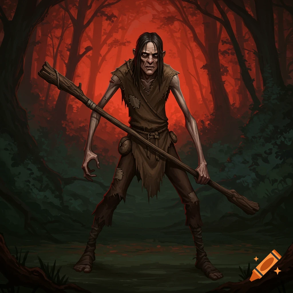 A gaunt, dark fantasy figure with long hair and tattered clothes ...