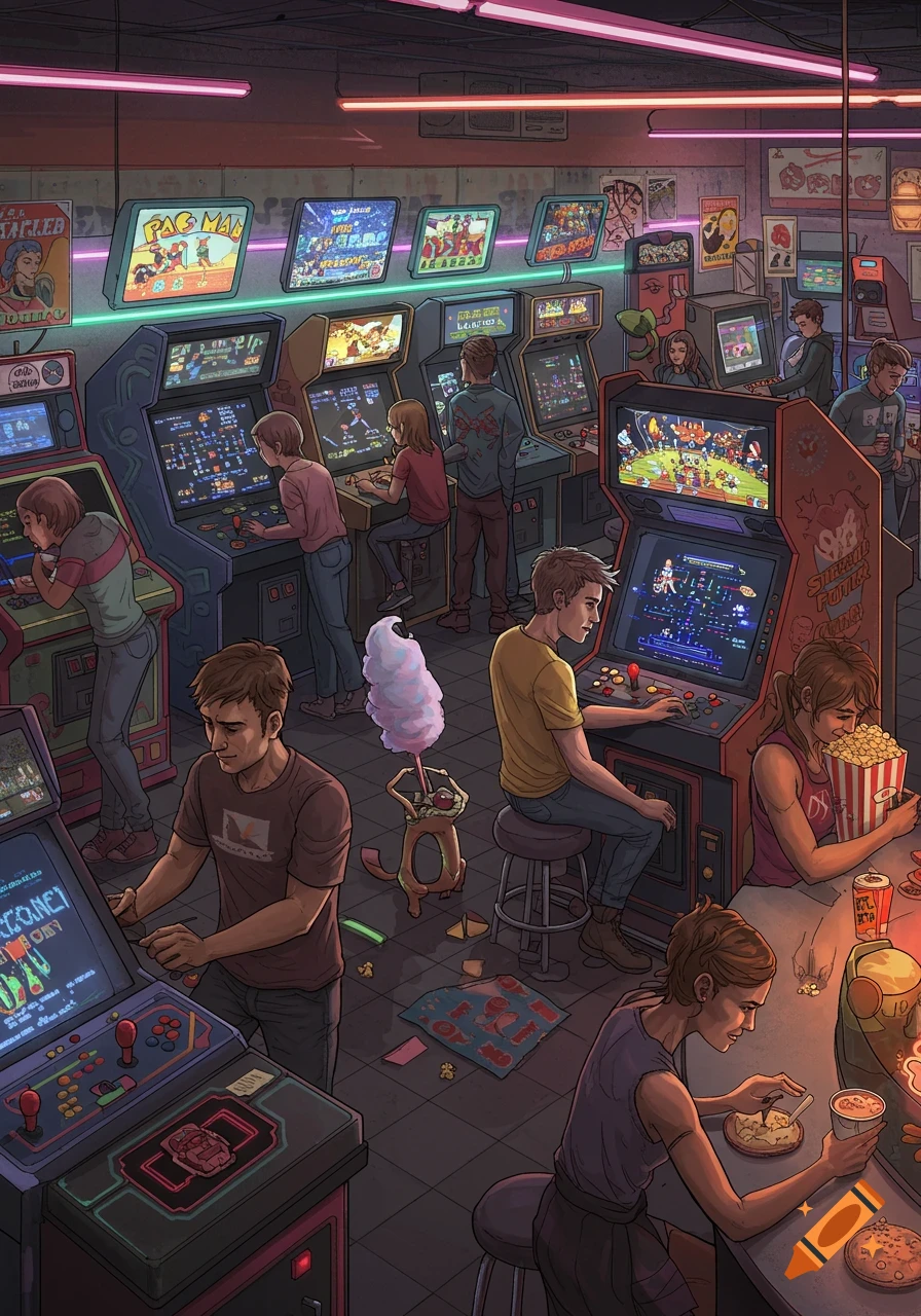 Illustration of people playing arcade games in a bustling, neon-lit ...