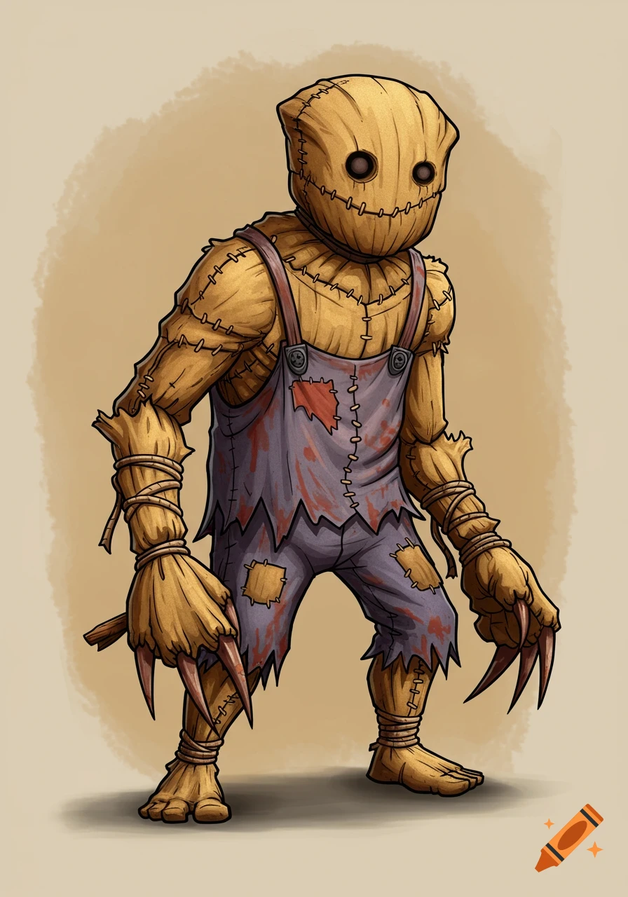 A detailed illustration of a scarecrow-like creature made of burlap and ...
