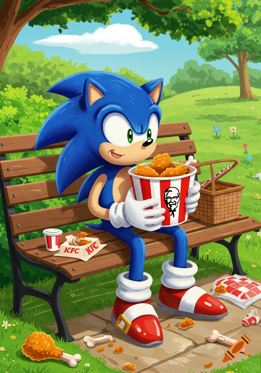 Sonic the Hedgehog sits on a park bench, holding a large bucket of KFC ...