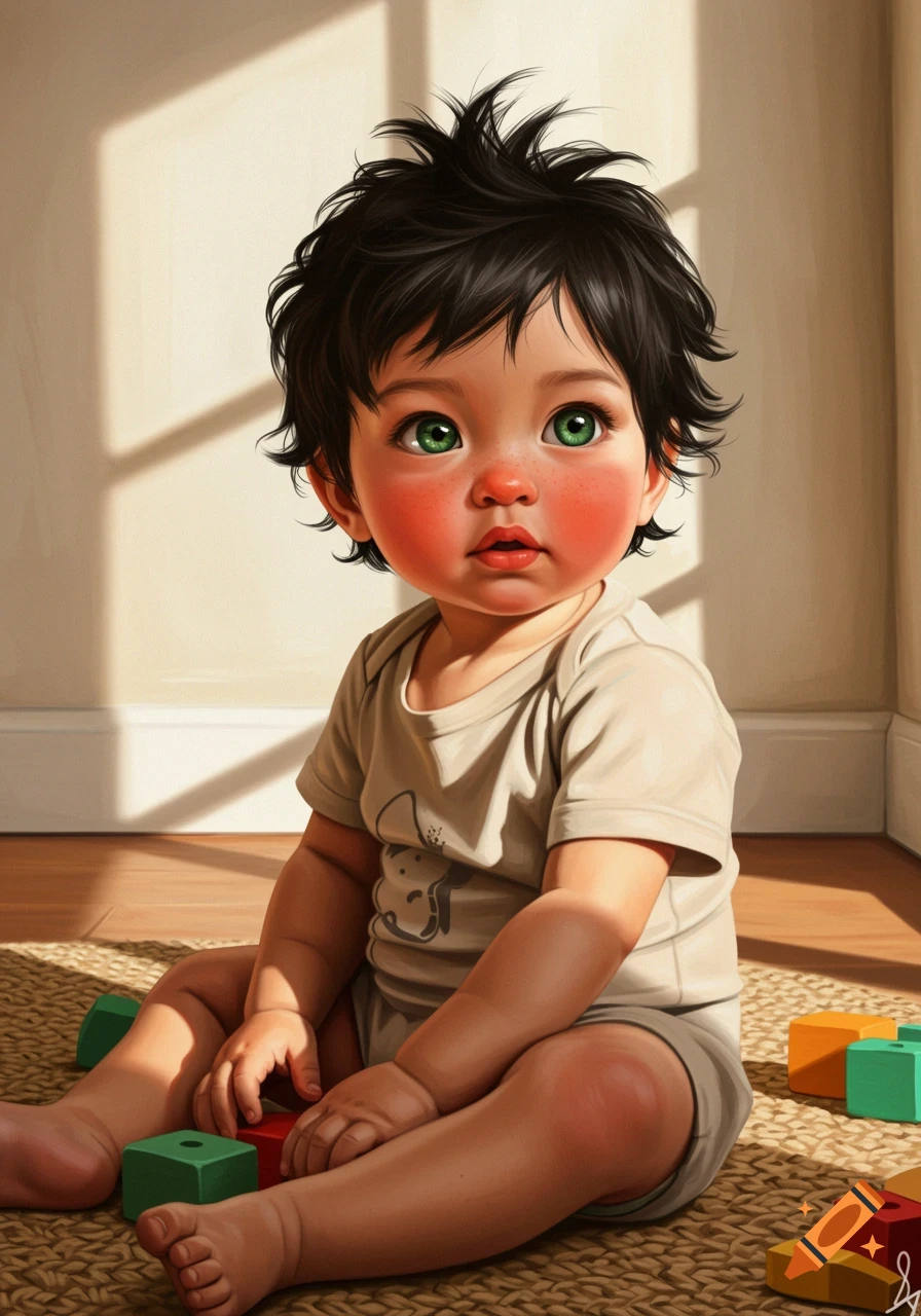 A toddler boy with dark hair, green eyes, and rosy cheeks sits on a ...