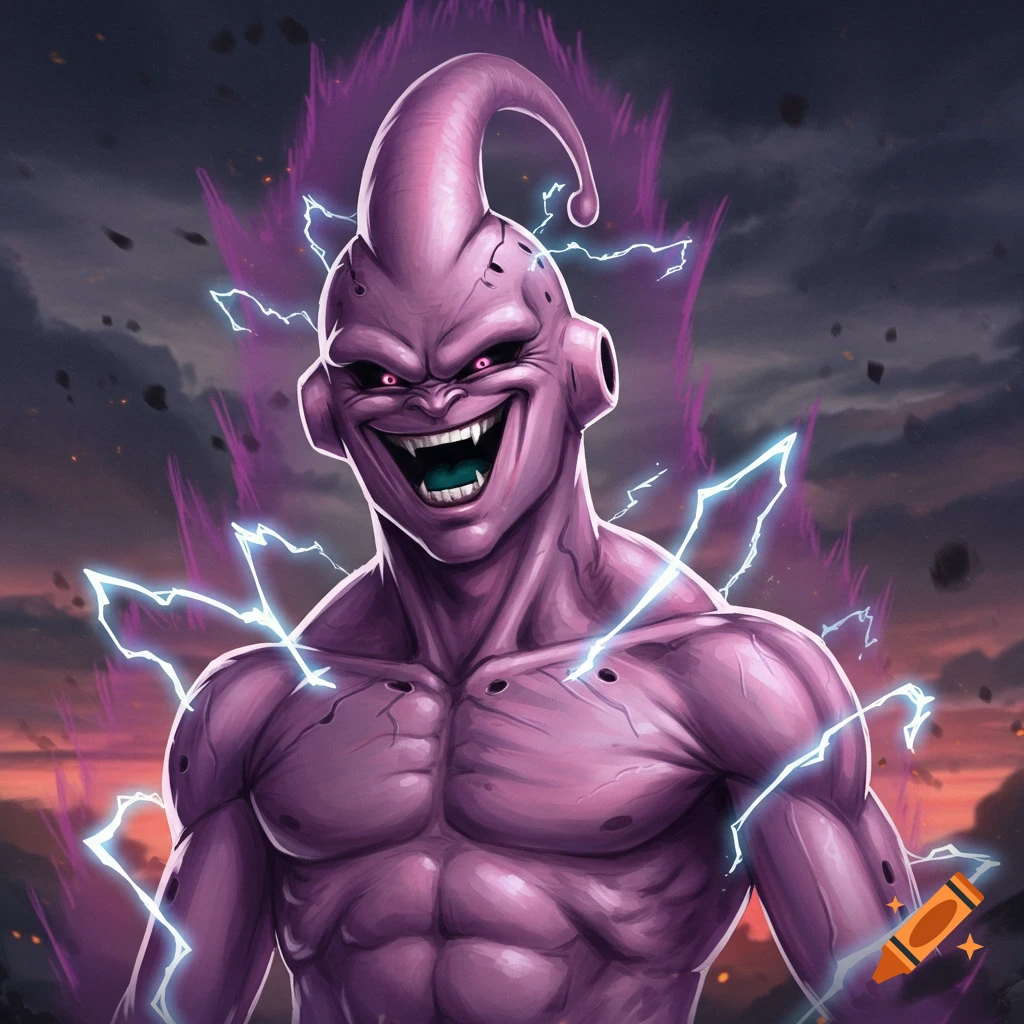 A muscular pink character resembling Super Buu from Dragon Ball, with ...