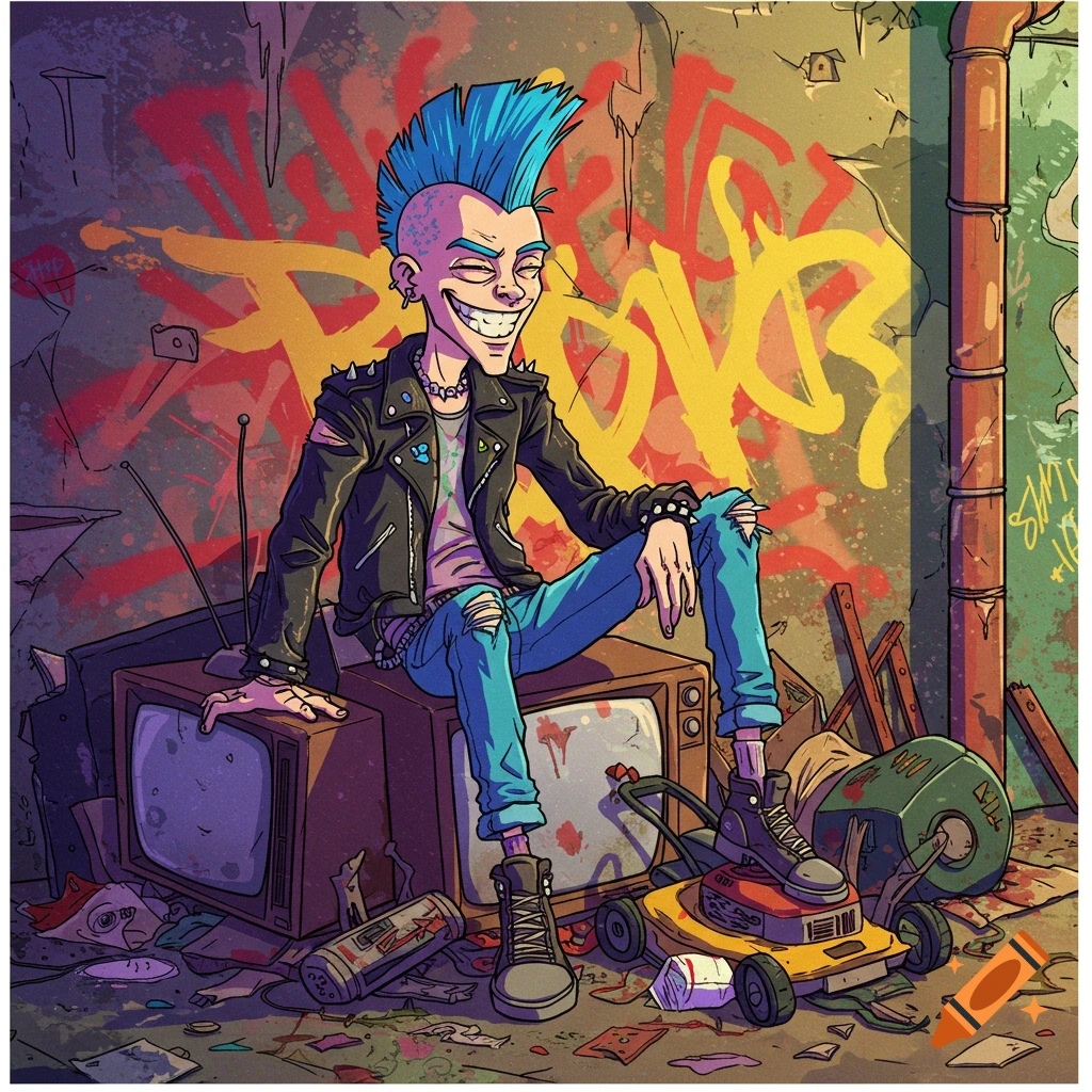 A cartoon punk character with a blue mohawk and leather jacket sits on ...