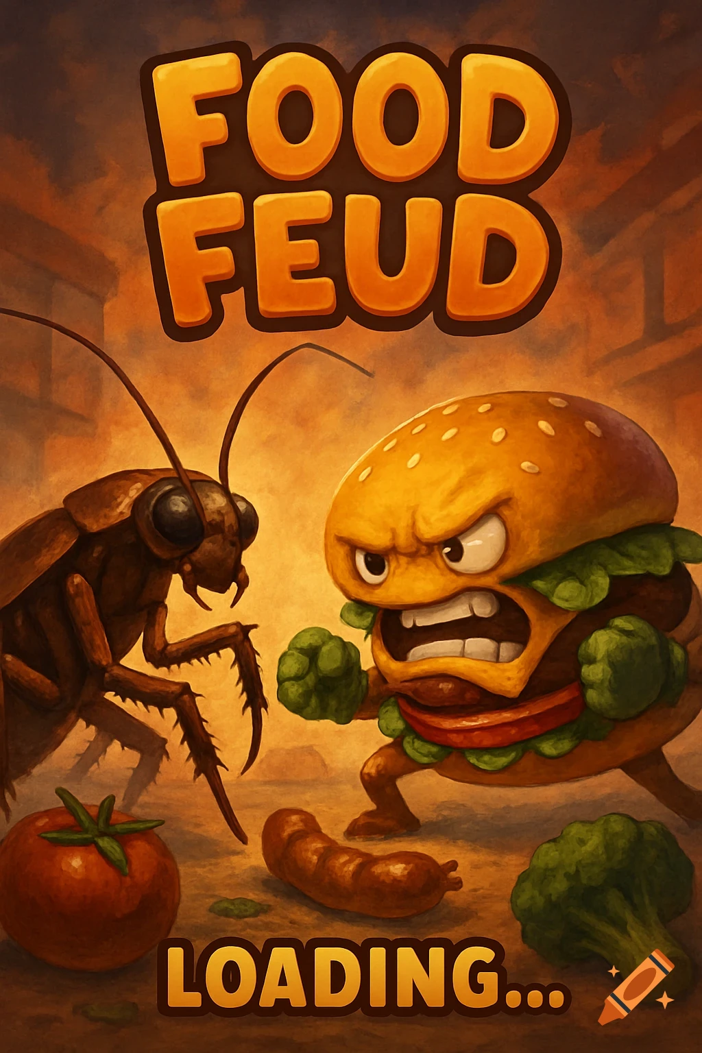 Cartoon game loading screen showing an angry burger character facing ...