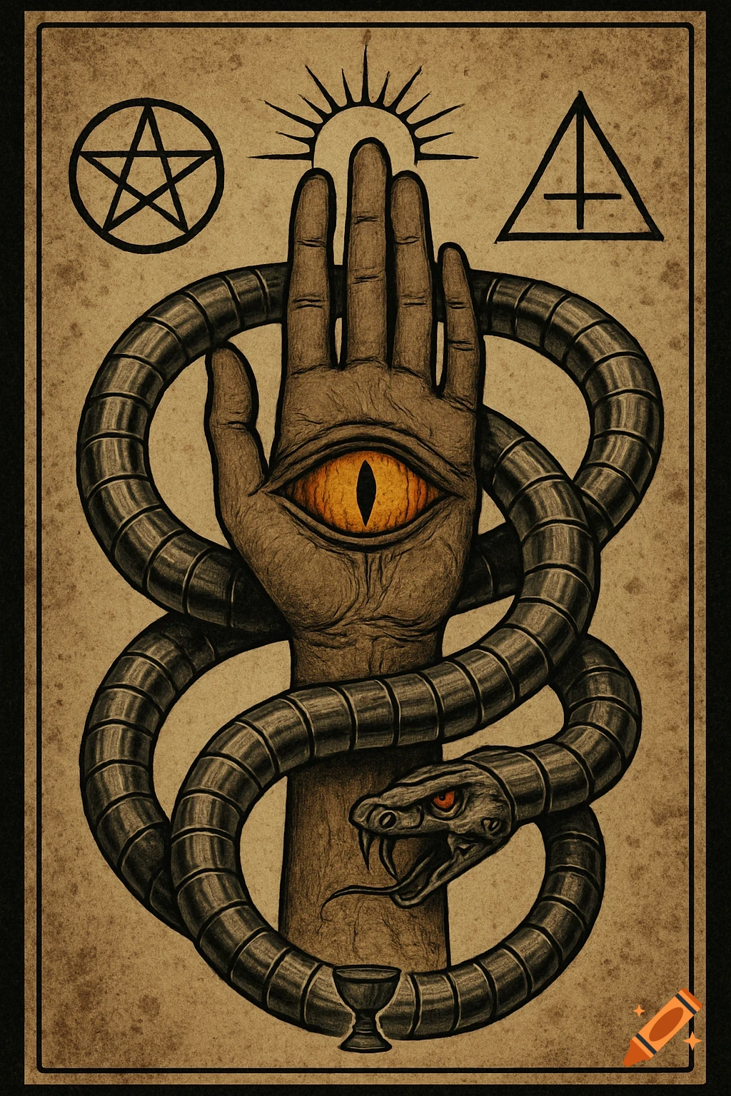 An old illustration featuring a hand with an eye in the palm, encircled ...