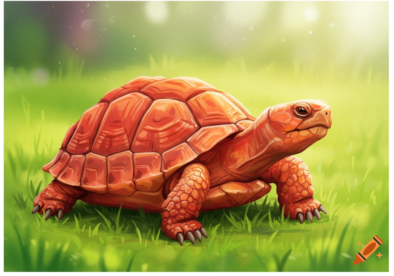 A reddish-orange turtle stands on vibrant green grass in a sunny ...