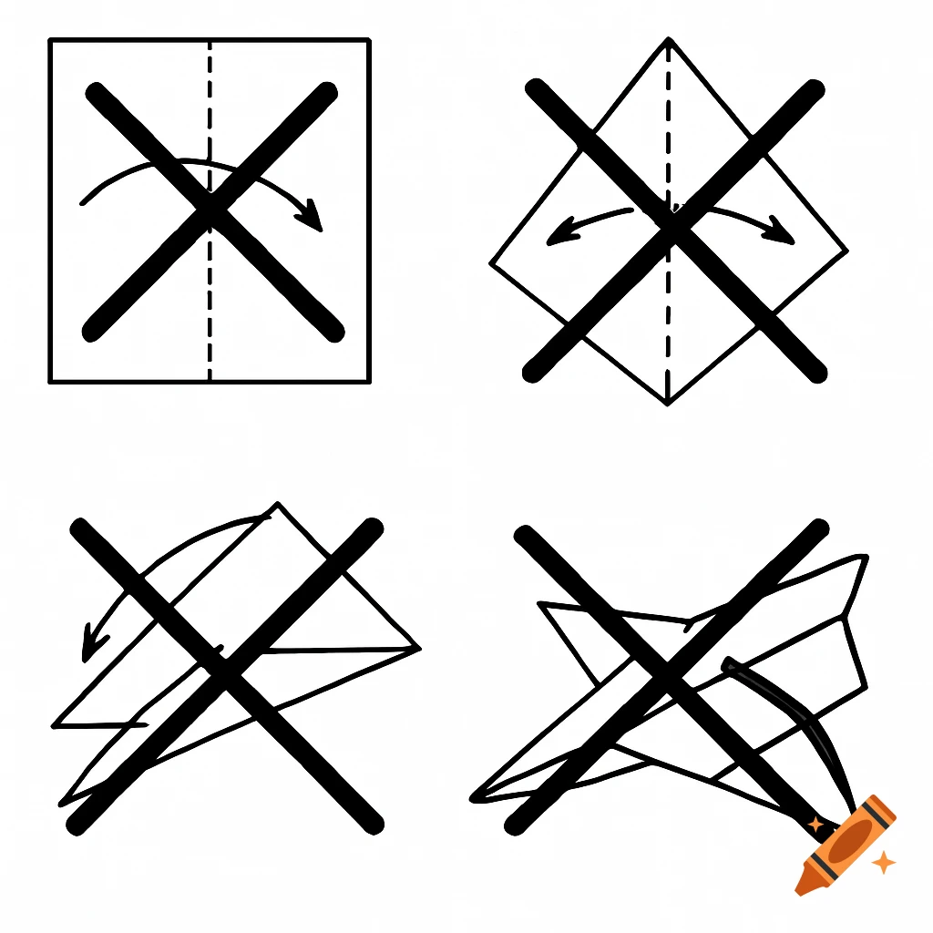 Four black and white diagrams with lines, arrows, and large crosses ...