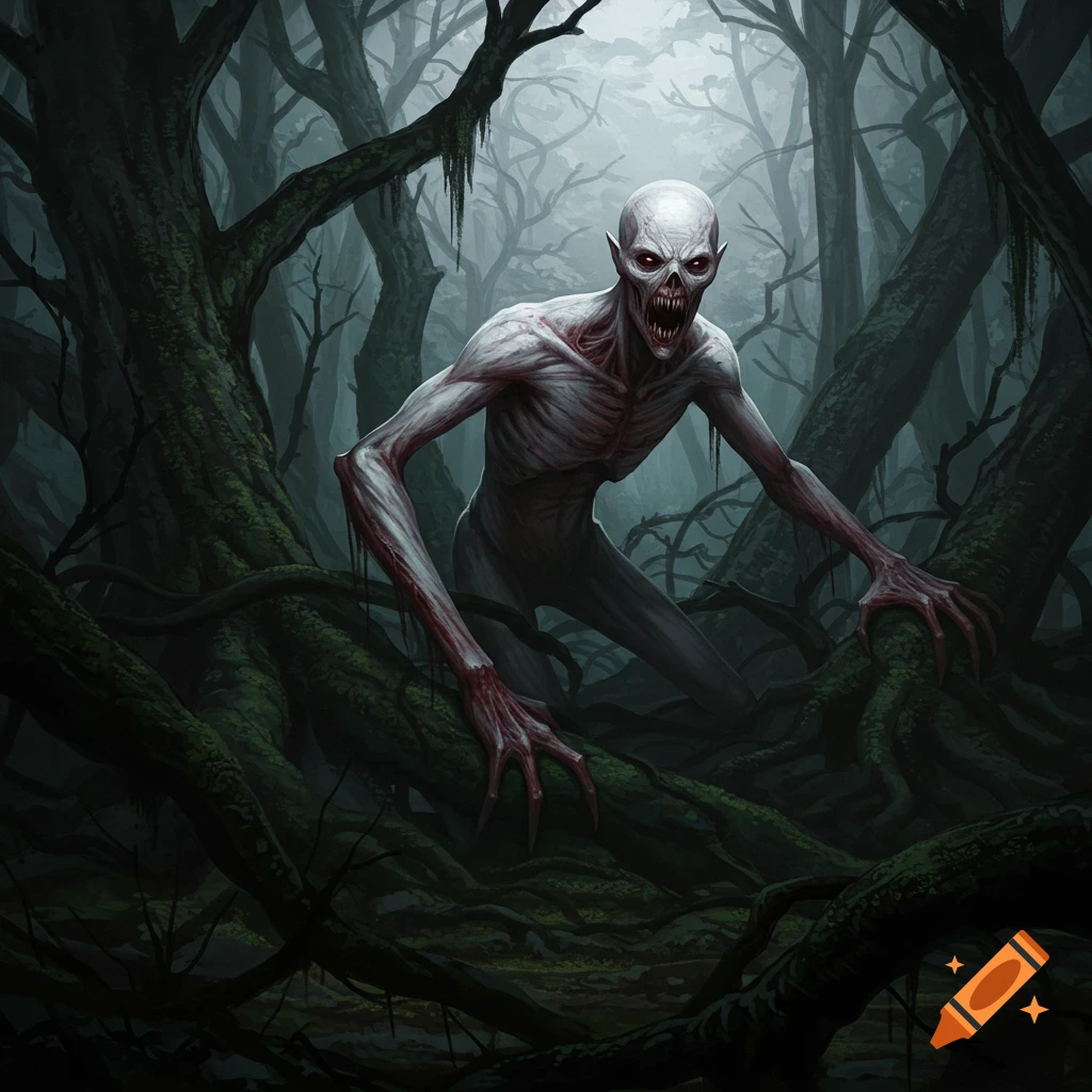 A horrifying pale creature with glowing red eyes and sharp teeth ...