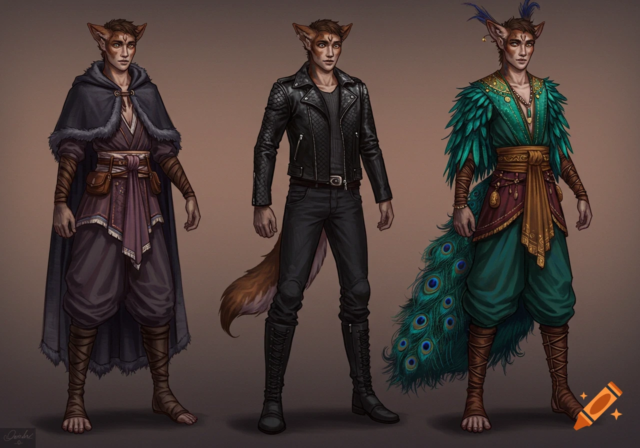 Three male anthropomorphic characters with fox-like features, wearing a ...