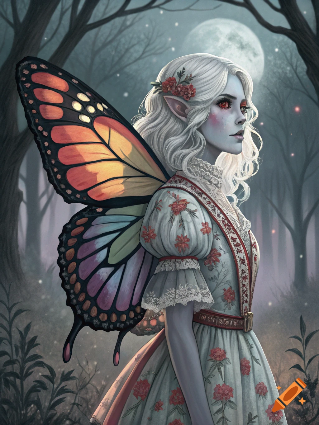 A female butterfly demon with pale skin, red eyes, and white hair ...
