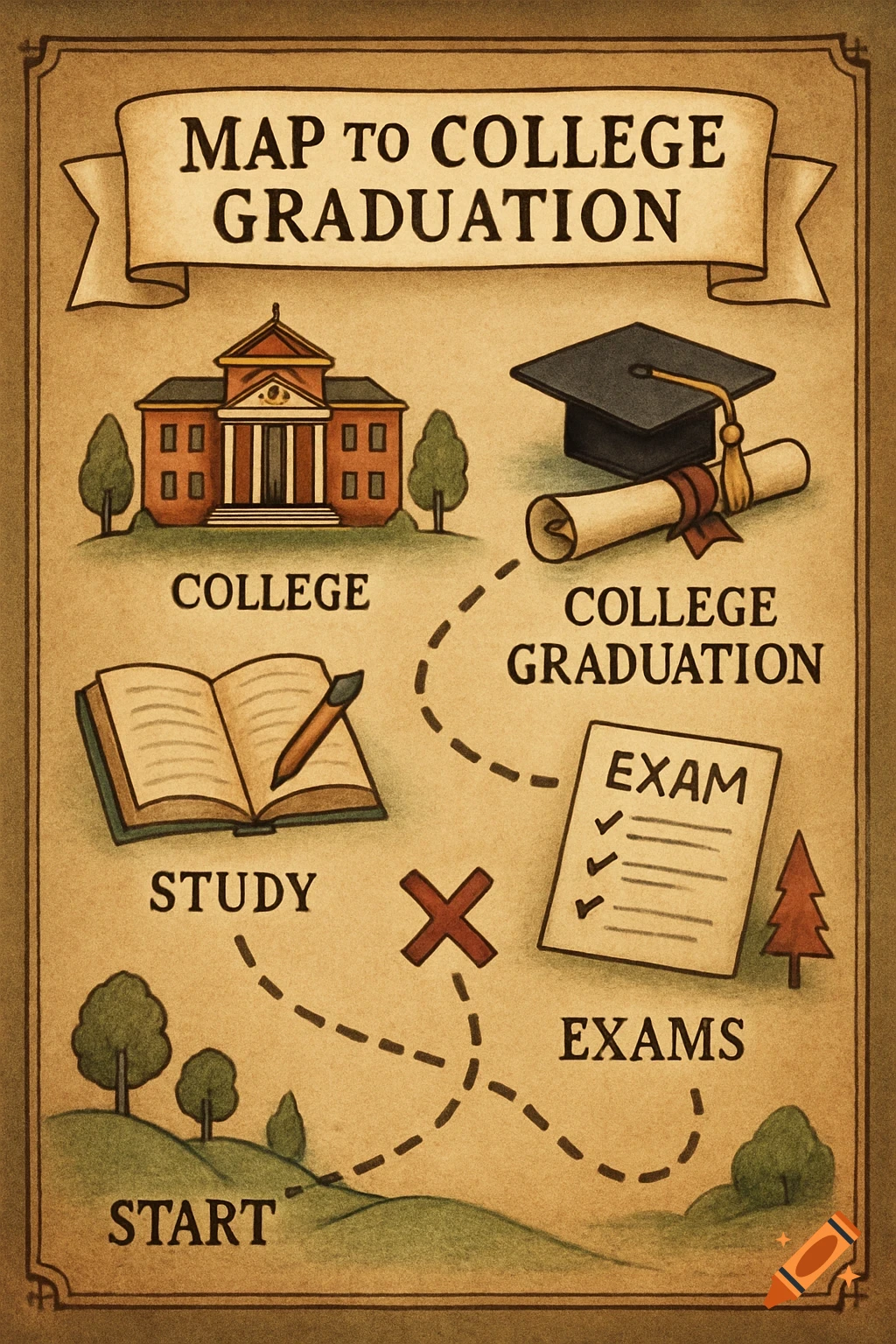 A vintage-style whimsical map illustration titled "Map to College ...