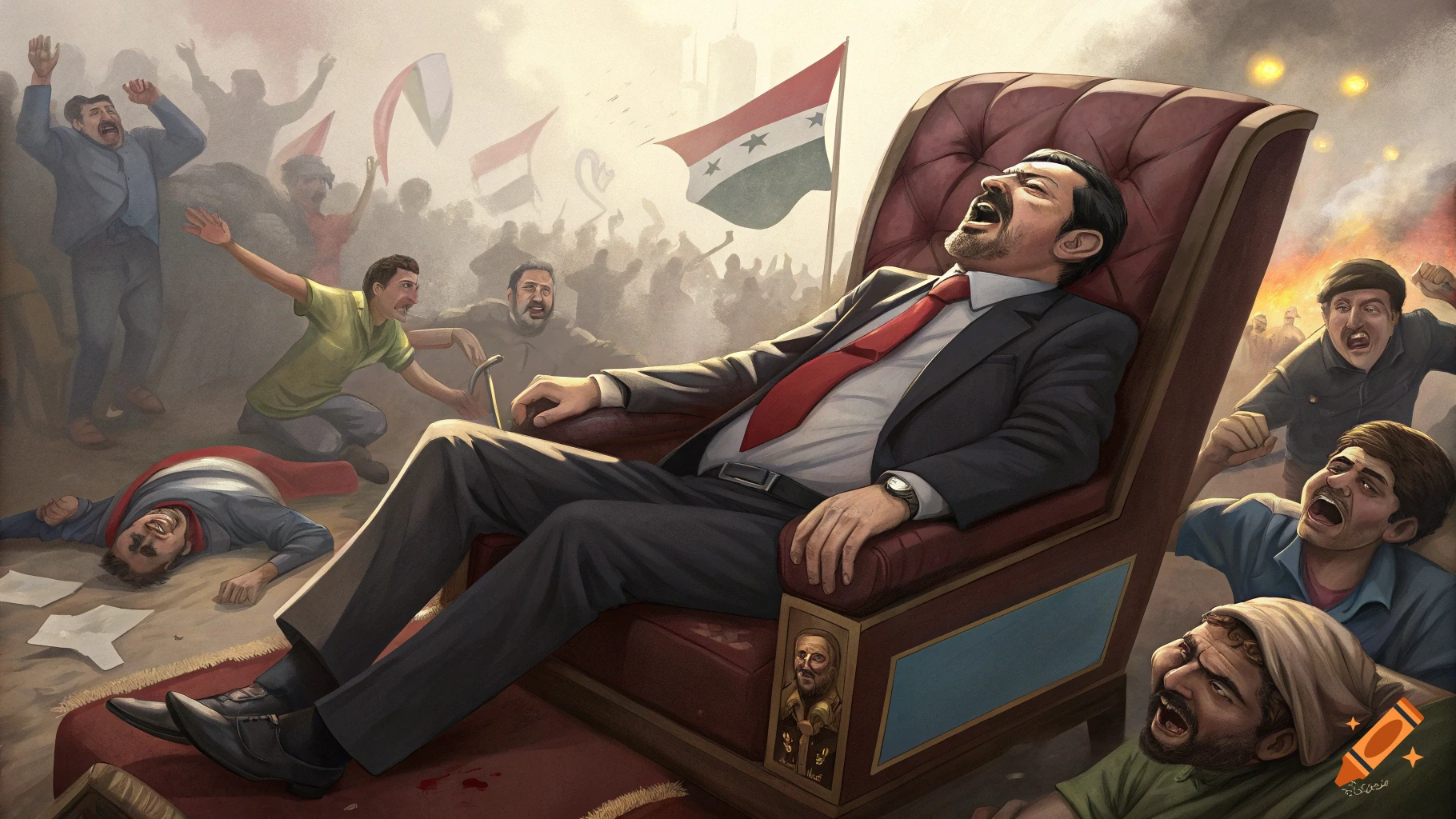 A man in a suit slumps in a chair as a chaotic crowd protests around ...