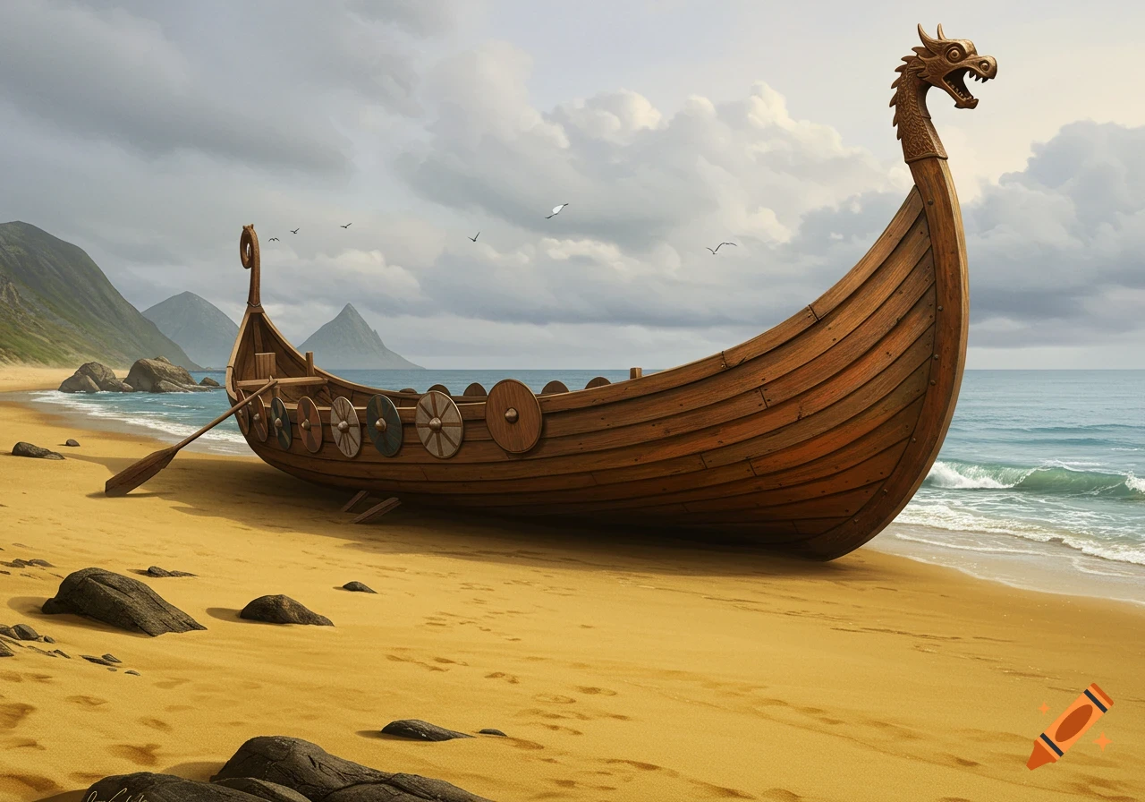 A detailed, realistic painting of a Viking longship with a dragon head ...