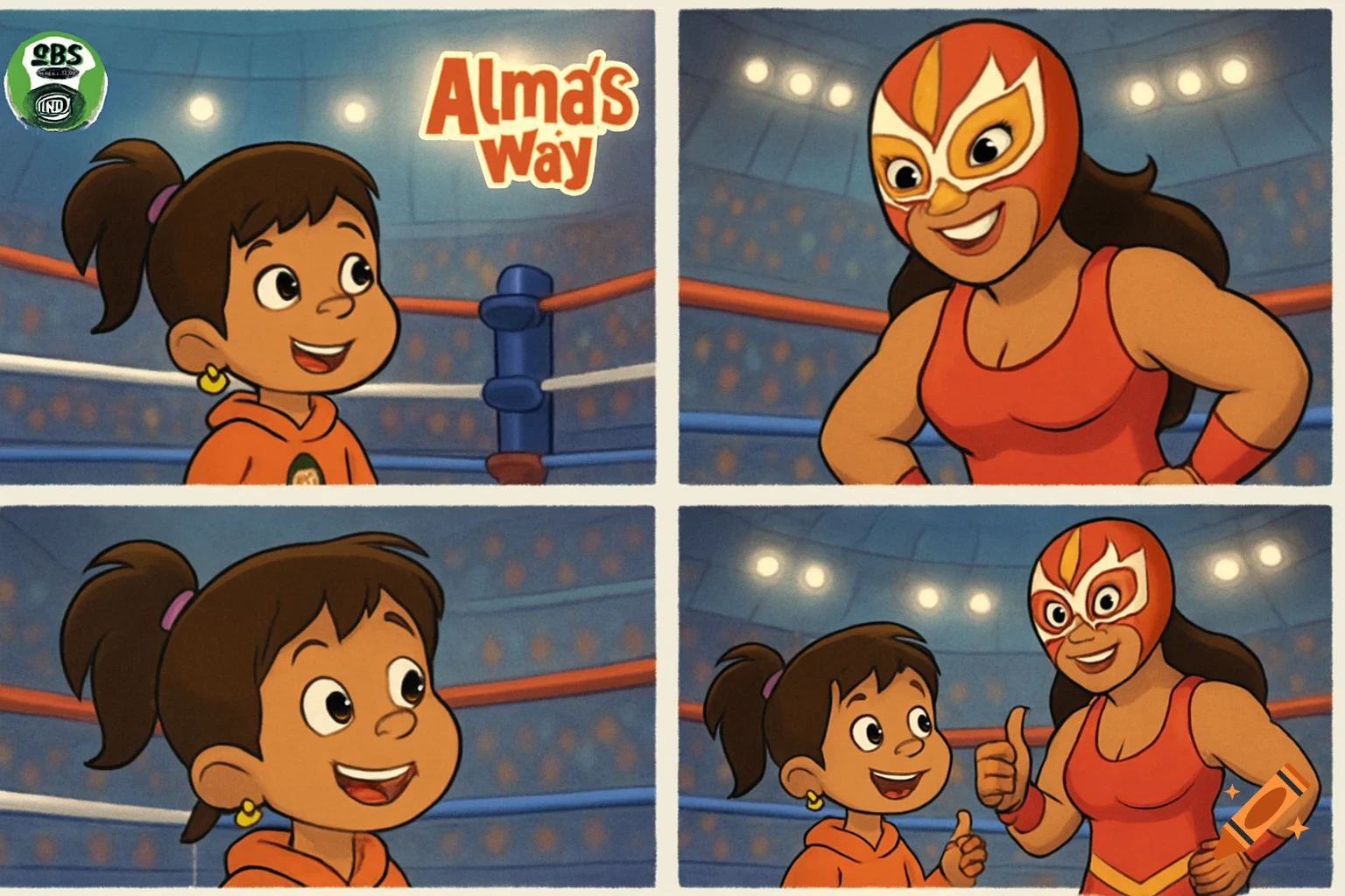 A four-panel cartoon comic strip shows a young girl, Alma, meeting a ...
