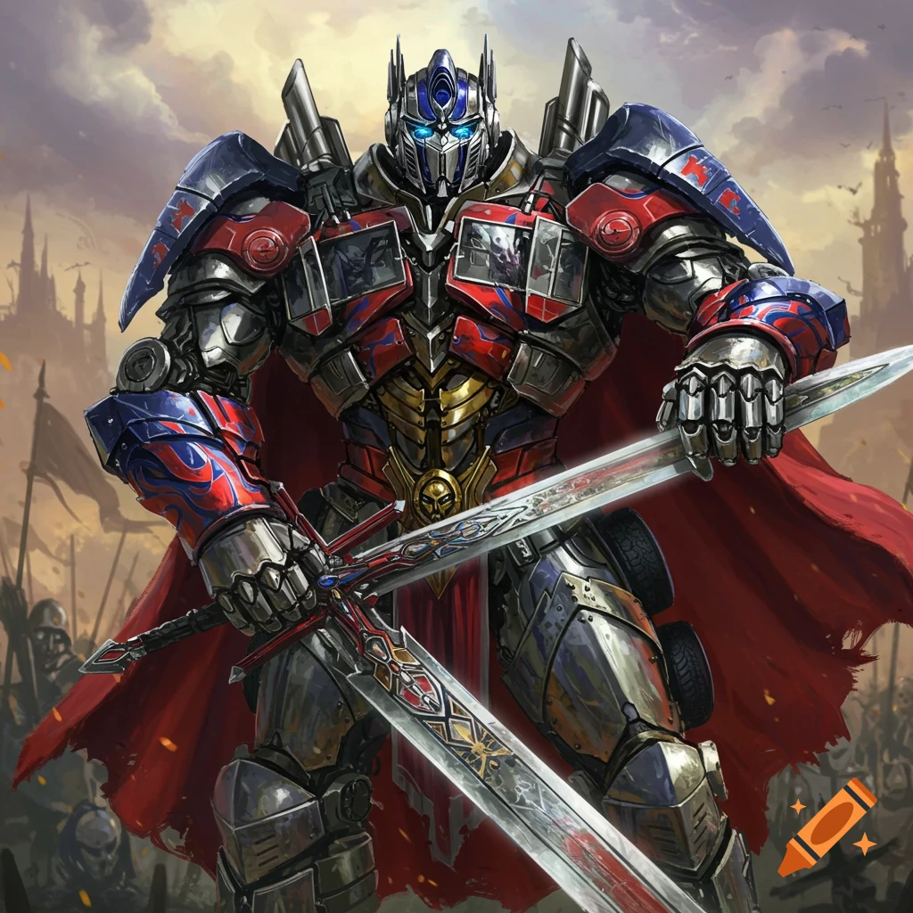 Optimus Prime as a knight in detailed red and blue armor, holding two ...