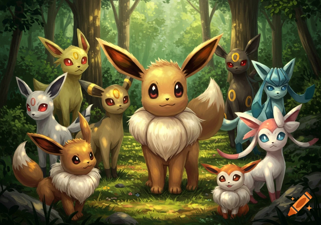 Eevee and its eight Eeveelutions gathered in a lush, detailed forest ...