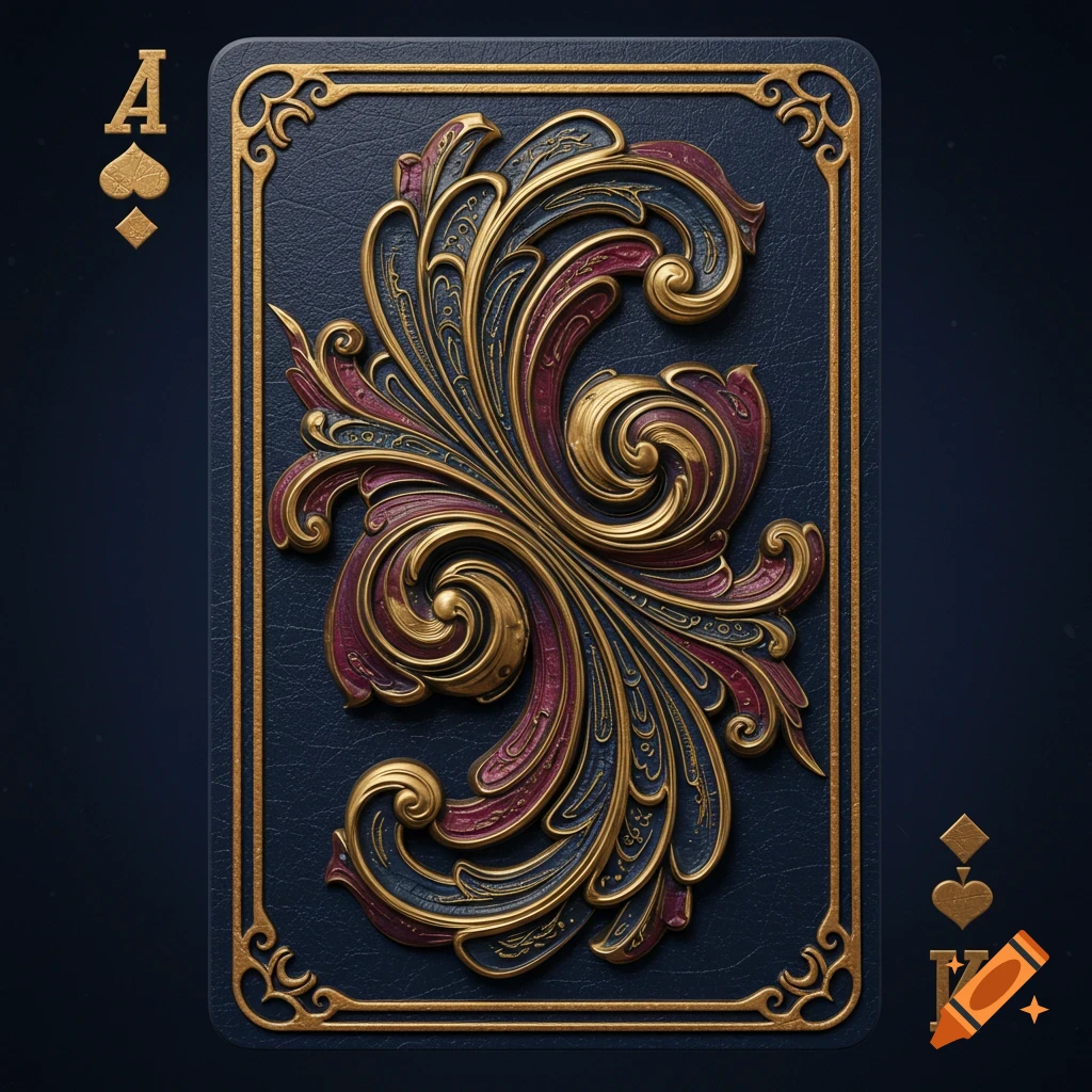 An ornate playing card back with gold, deep blue, and burgundy embossed ...
