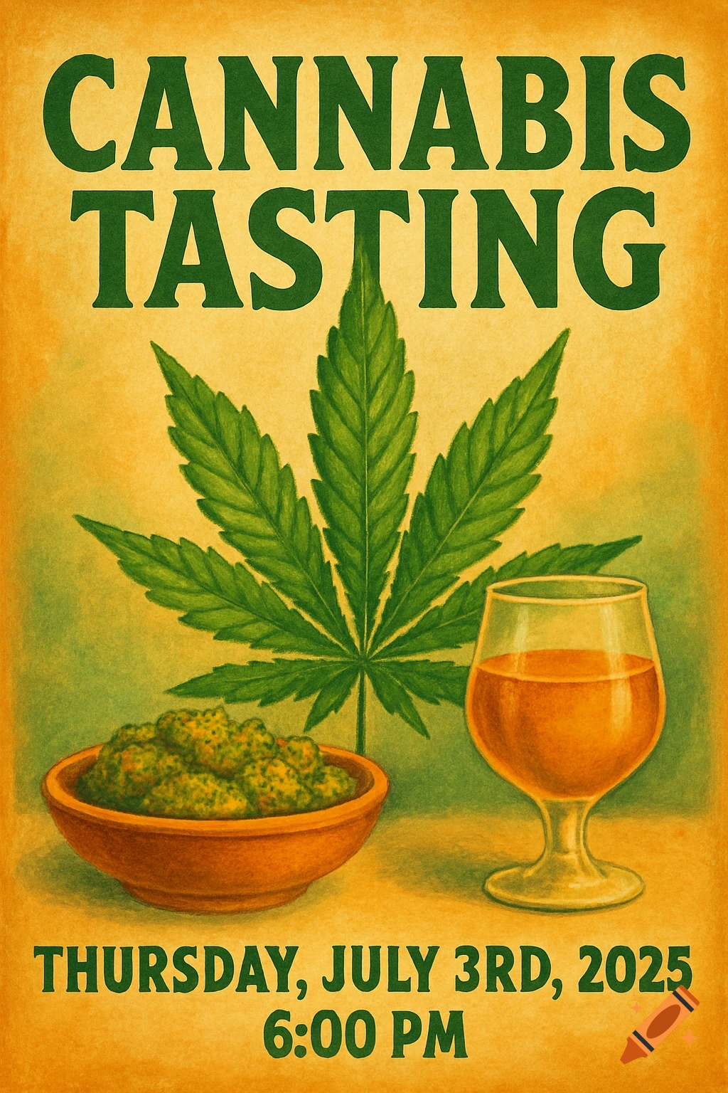 A vintage-style poster for a cannabis tasting event featuring a large ...