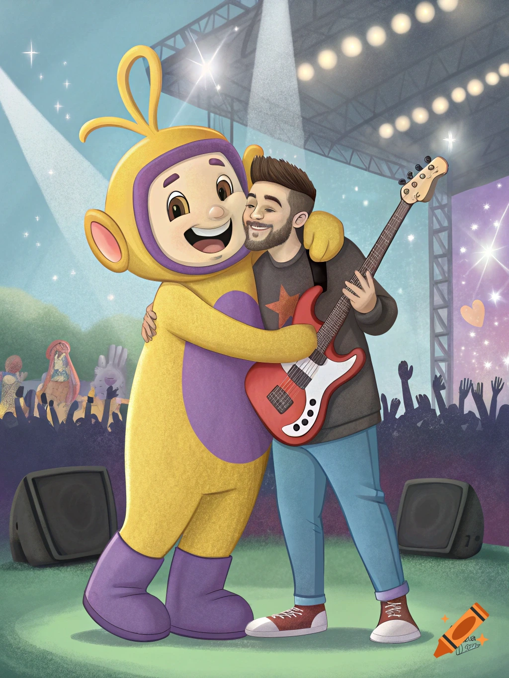 A yellow Teletubby-like character enthusiastically hugs a male musician ...