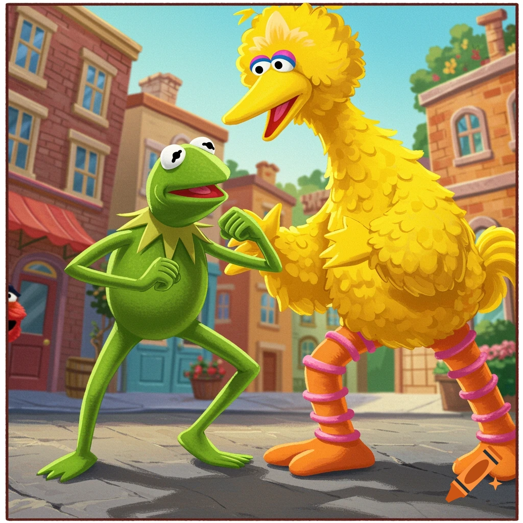 Kermit the Frog and Big Bird from Sesame Street facing each other in a ...