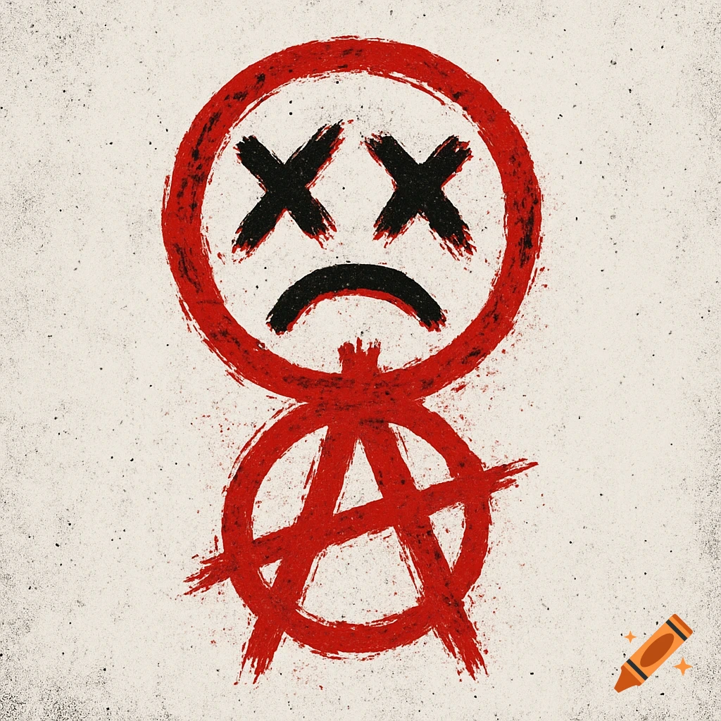 A red grunge-style logo featuring a sad face with X eyes above an ...
