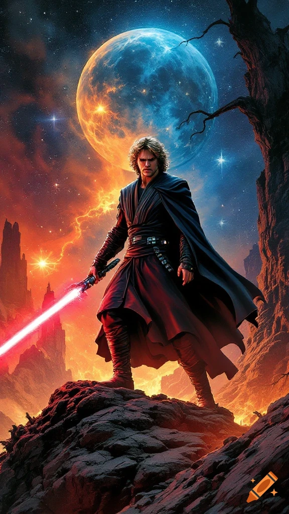 Anakin Skywalker with a red lightsaber stands on a volcanic alien ...