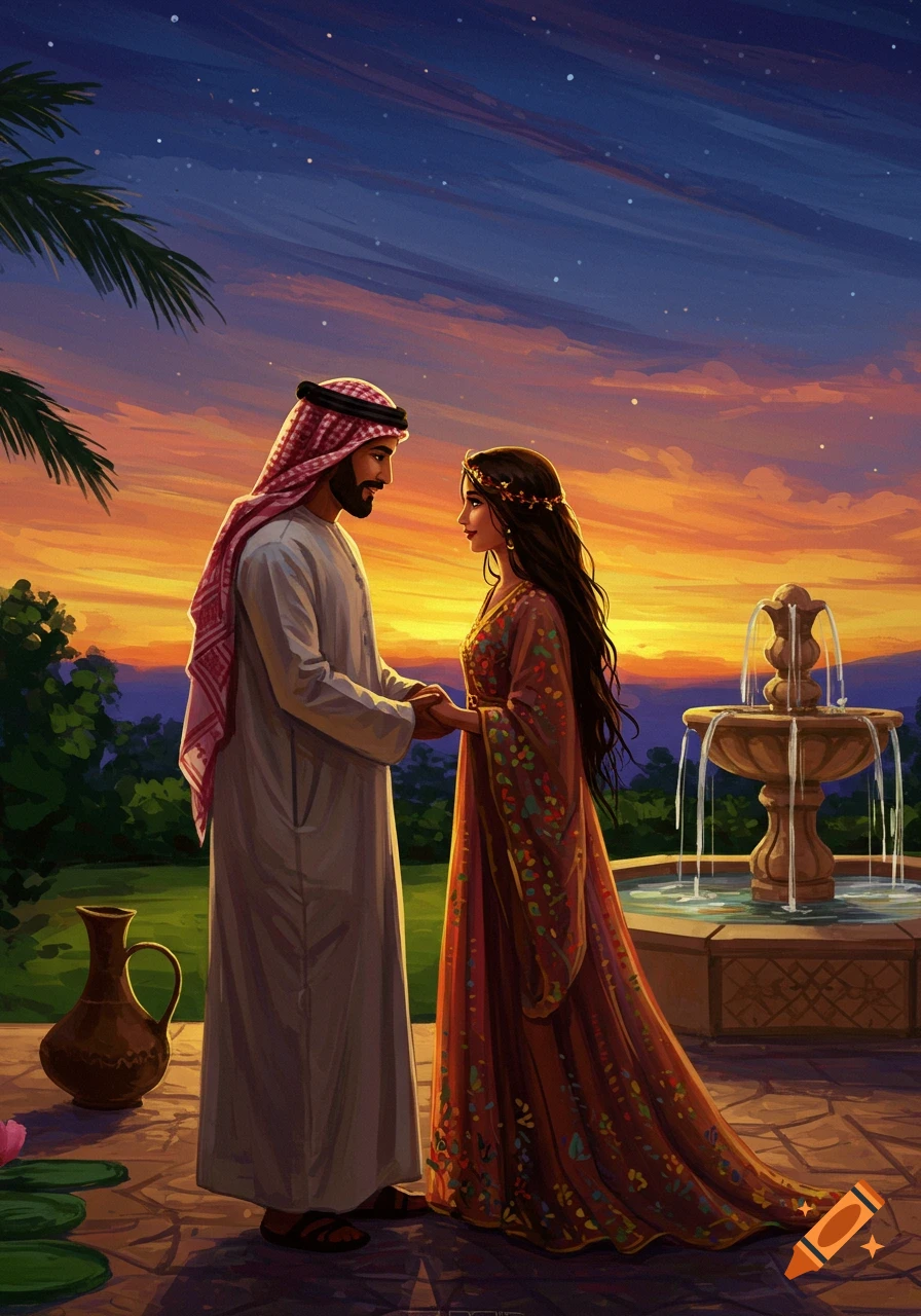 An illustration of an Arab couple holding hands at sunset, with a ...