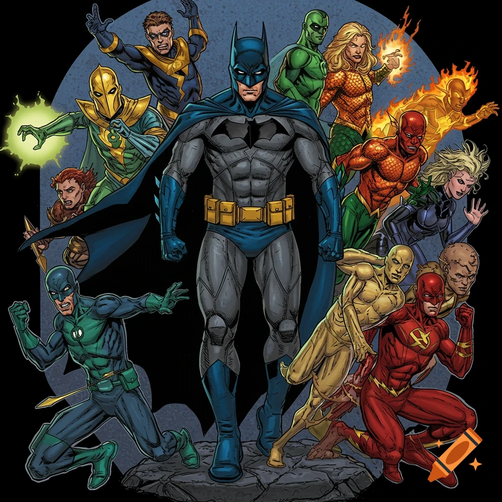A group of comic book superheroes, including Batman, Flash, Aquaman ...