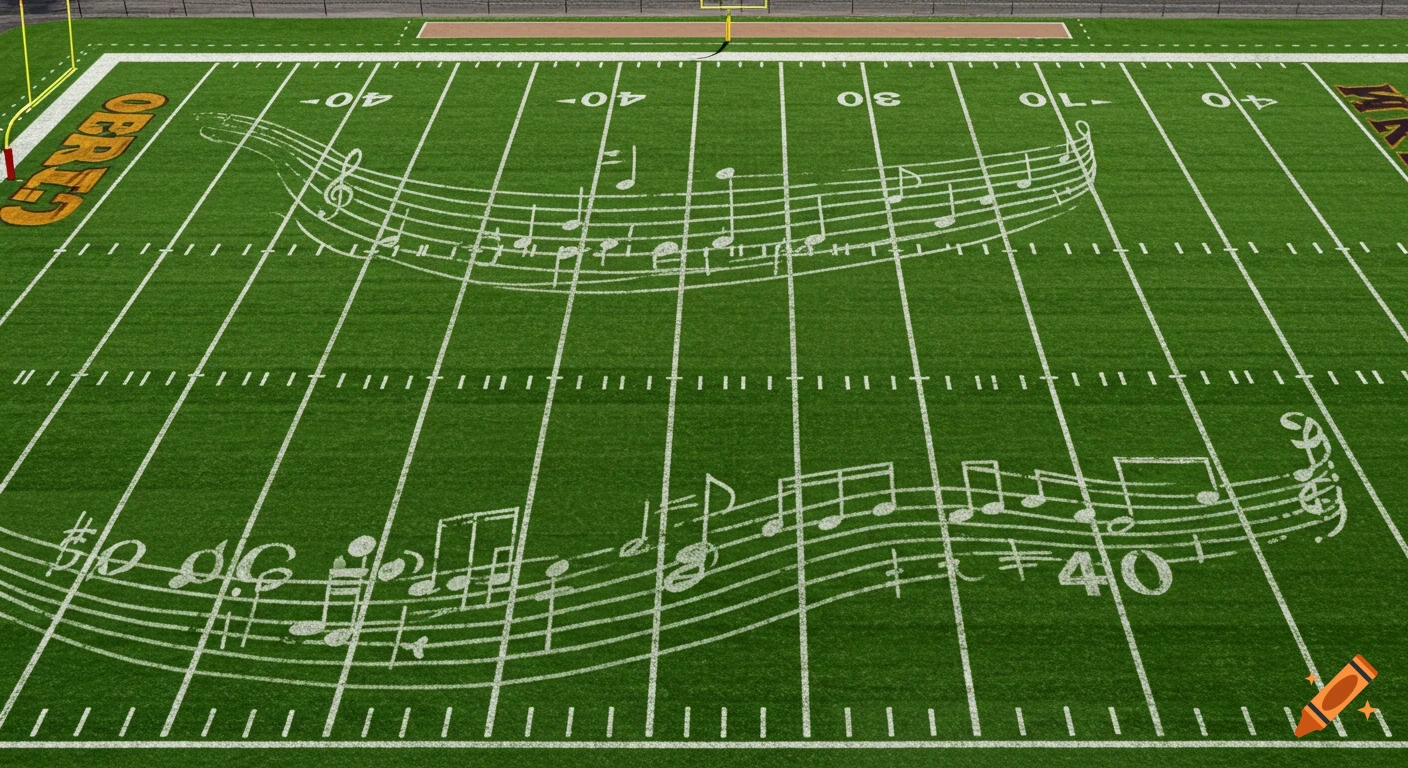 An American football field with white musical staves and notes drawn ...