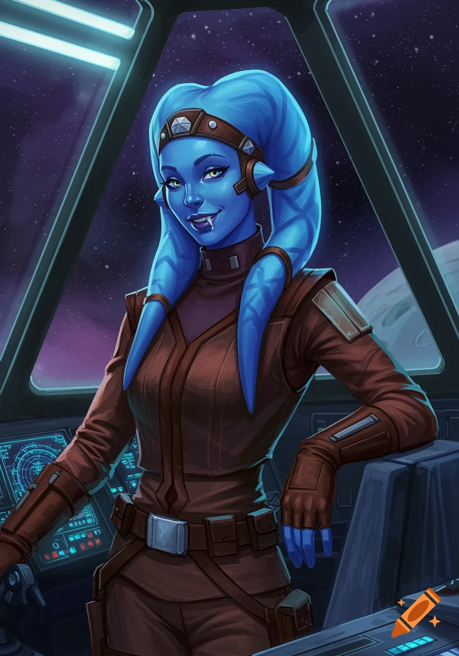 A blue-skinned Twi'lek woman in a brown pilot suit smiles in a ...