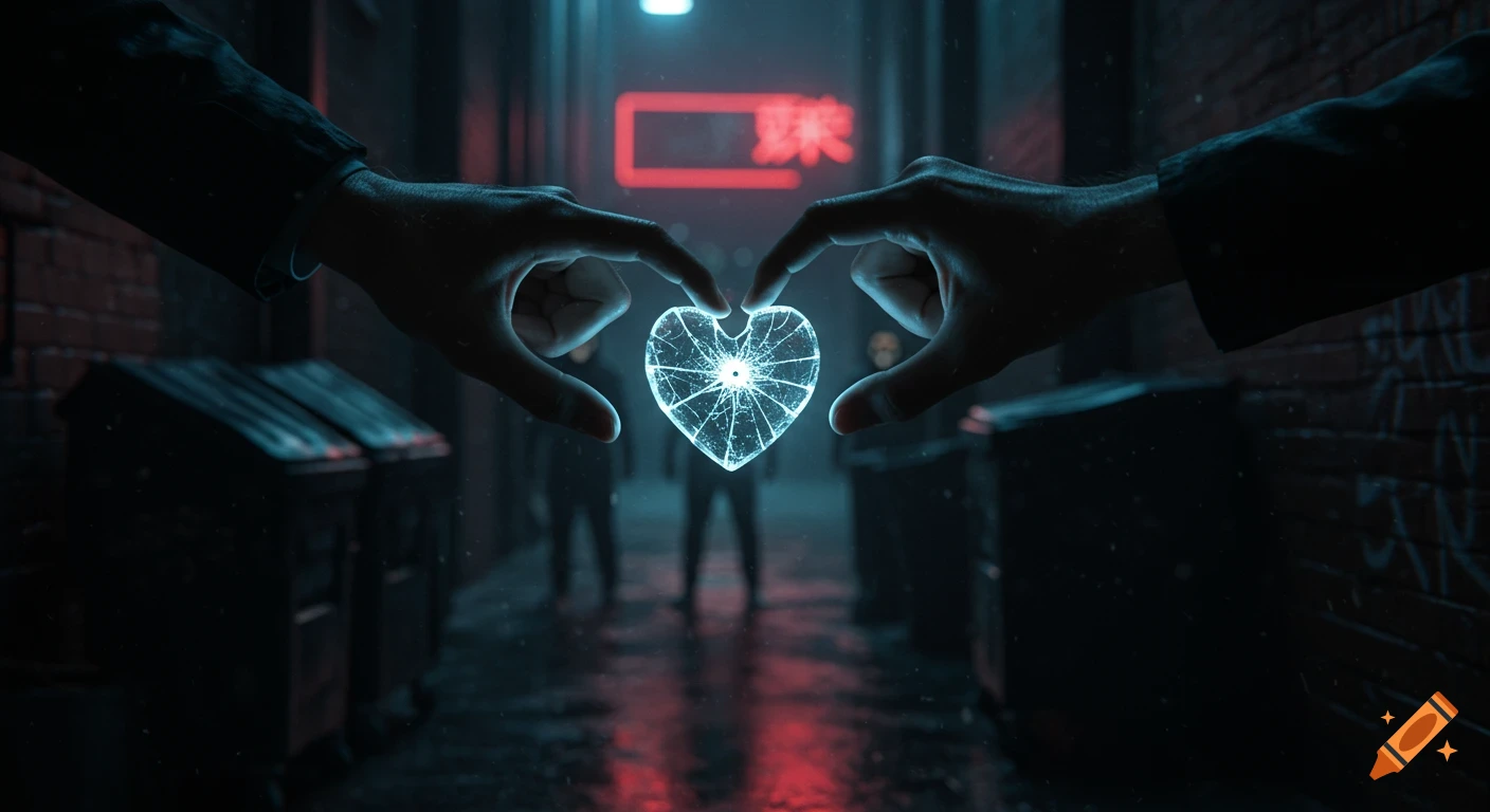 Close-up of two hands forming a heart shape around a glowing, cracked ...