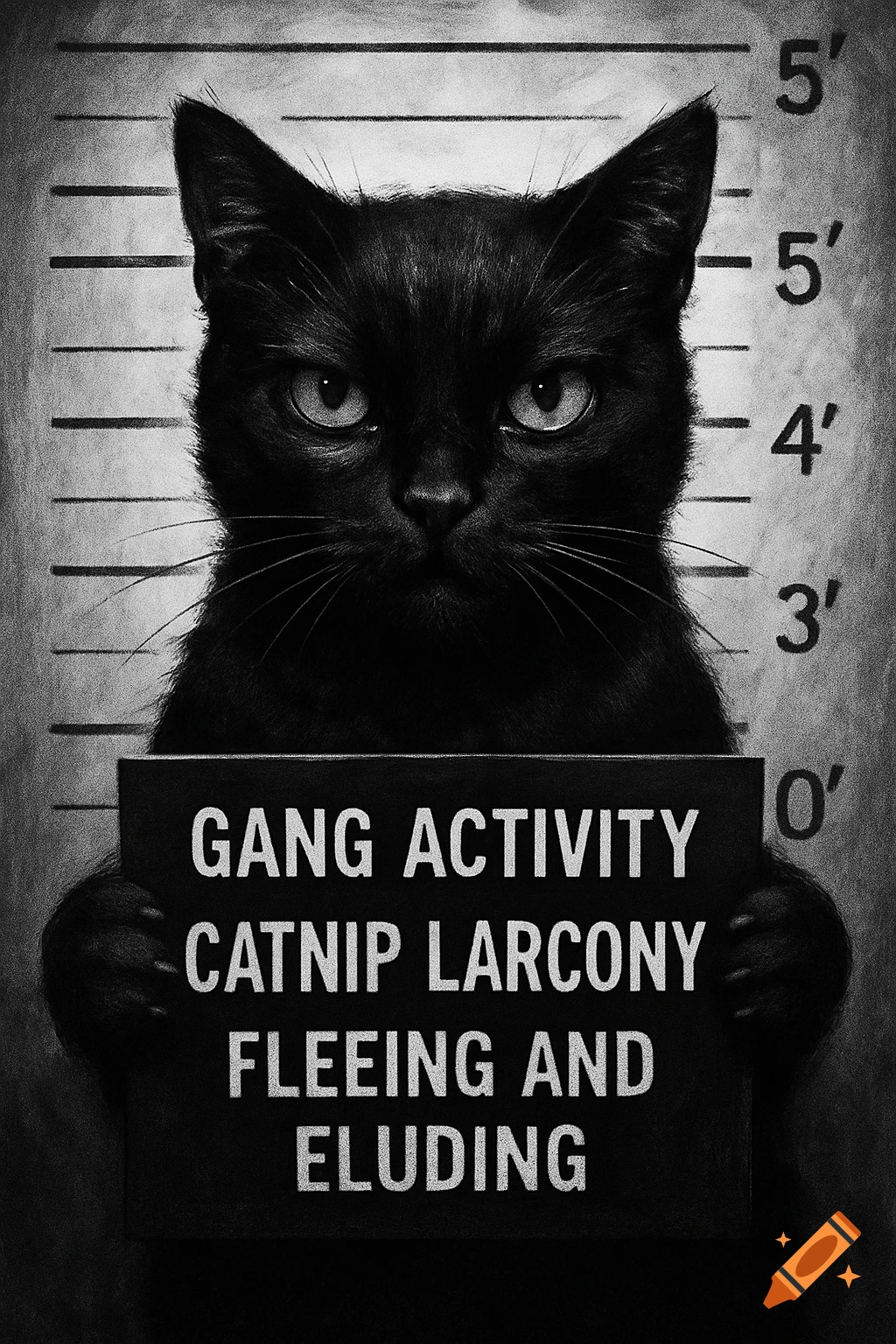 A black cat in a mugshot, holding a sign listing "Gang Activity, Catnip ...