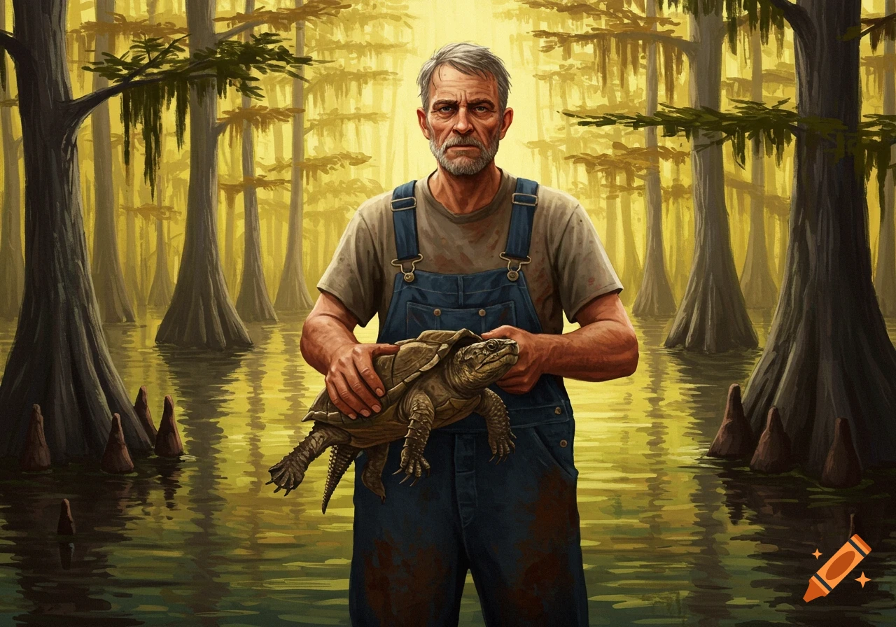 A grizzled man in overalls holds a large snapping turtle in a swamp ...