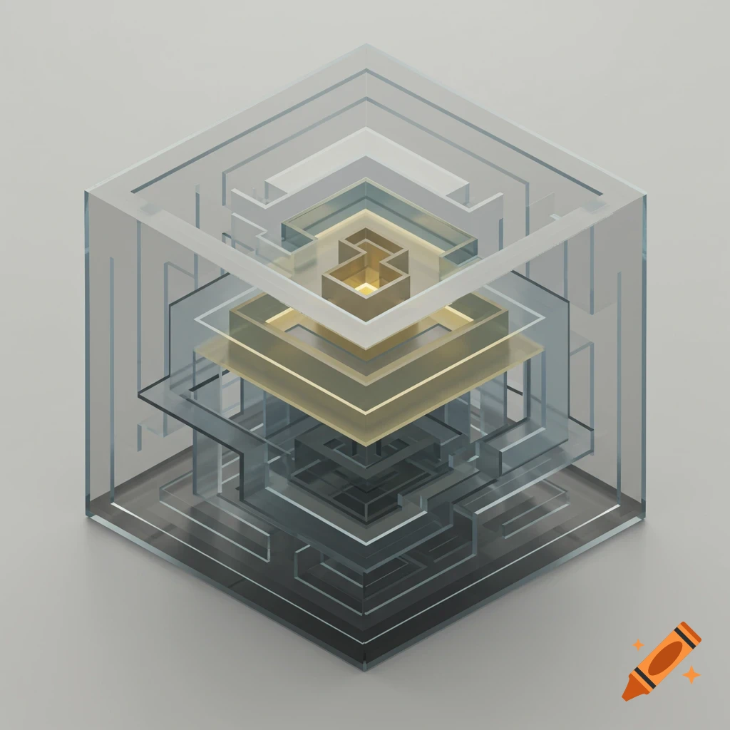 A transparent cubic labyrinth structure with internal golden and clear layers, rendered in a ...
