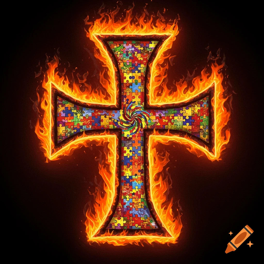 A flaming Maltese cross filled with multi-color puzzle pieces on a ...