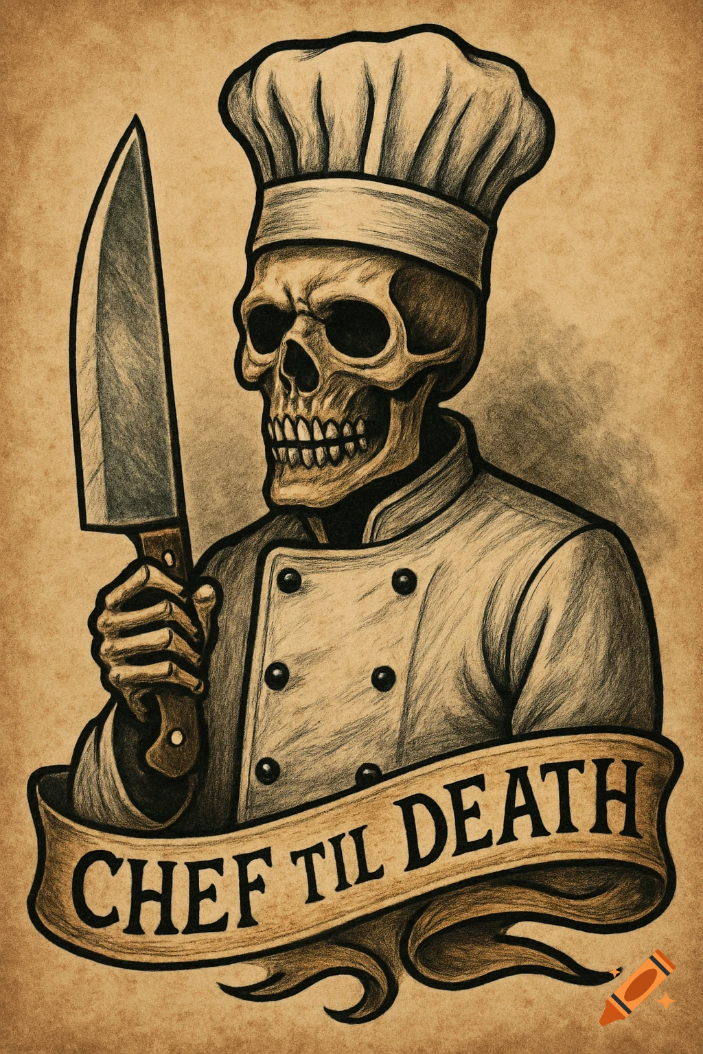 Tattoo-style drawing of a skeleton chef in a hat and jacket, holding a ...