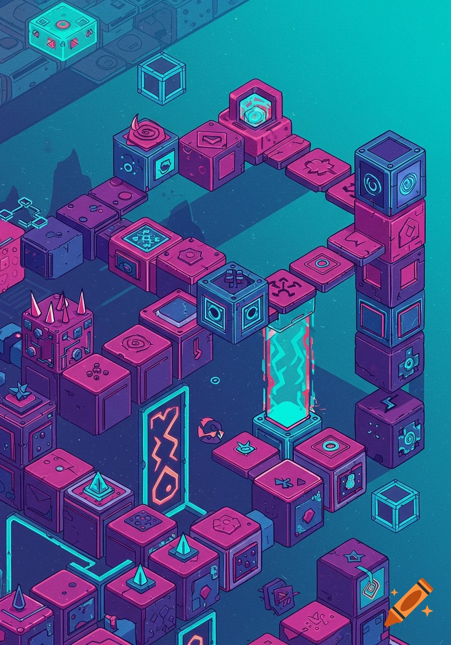 An isometric view of a complex, vibrant, abstract block-based structure ...