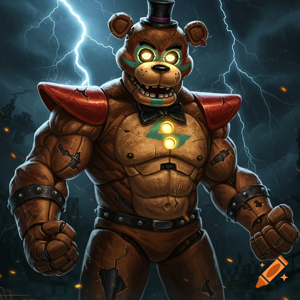 A muscular, stylized Freddy Fazbear stands defiantly against a stormy ...
