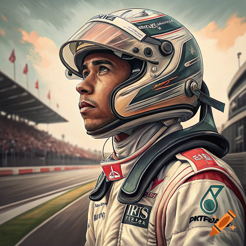 Close-up of a racing driver wearing a helmet and suit, looking up, at a ...